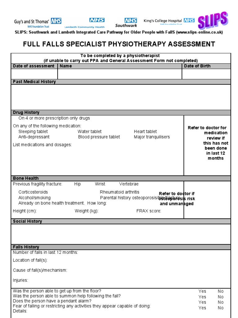 Specialist Physiotherapy Assessment Form | PDF | Balance (Ability ...