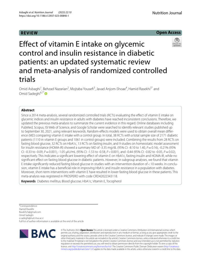 Effect of Vitamin E Intake On Glycemic Control and Insulin Resistance ...