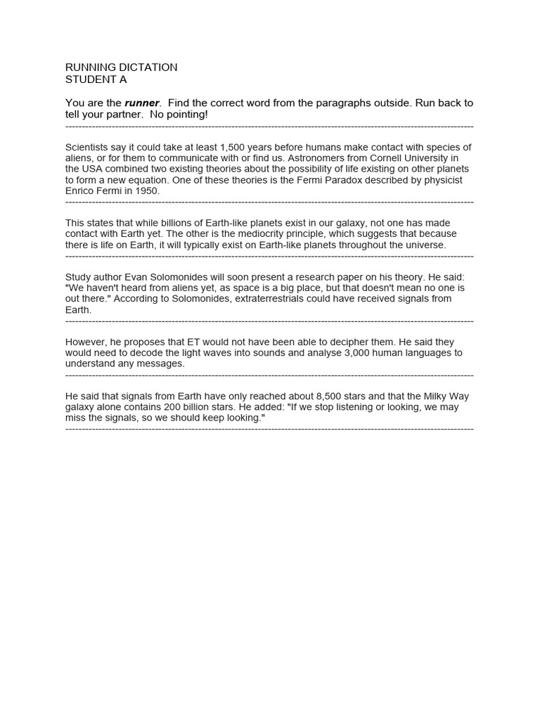 Running dictation & pronunciation worksheets | PDF | Extraterrestrial ...