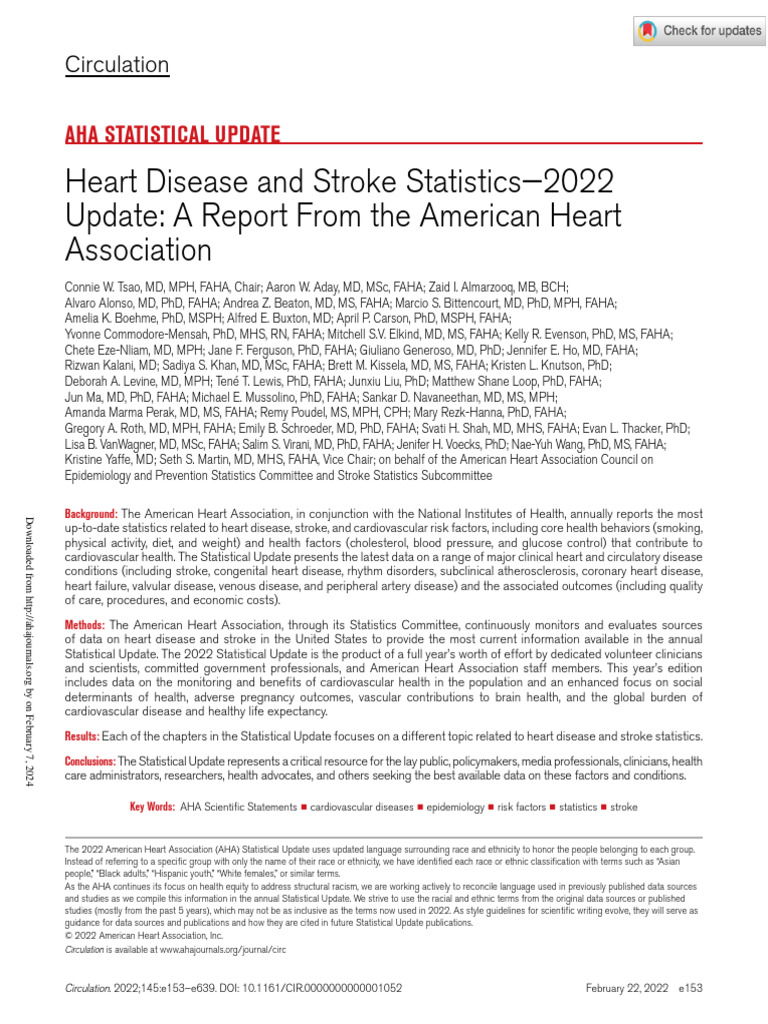 Tsao Et Al 2022 Heart Disease and Stroke Statistics 2022 Update A Report From The American Heart ...