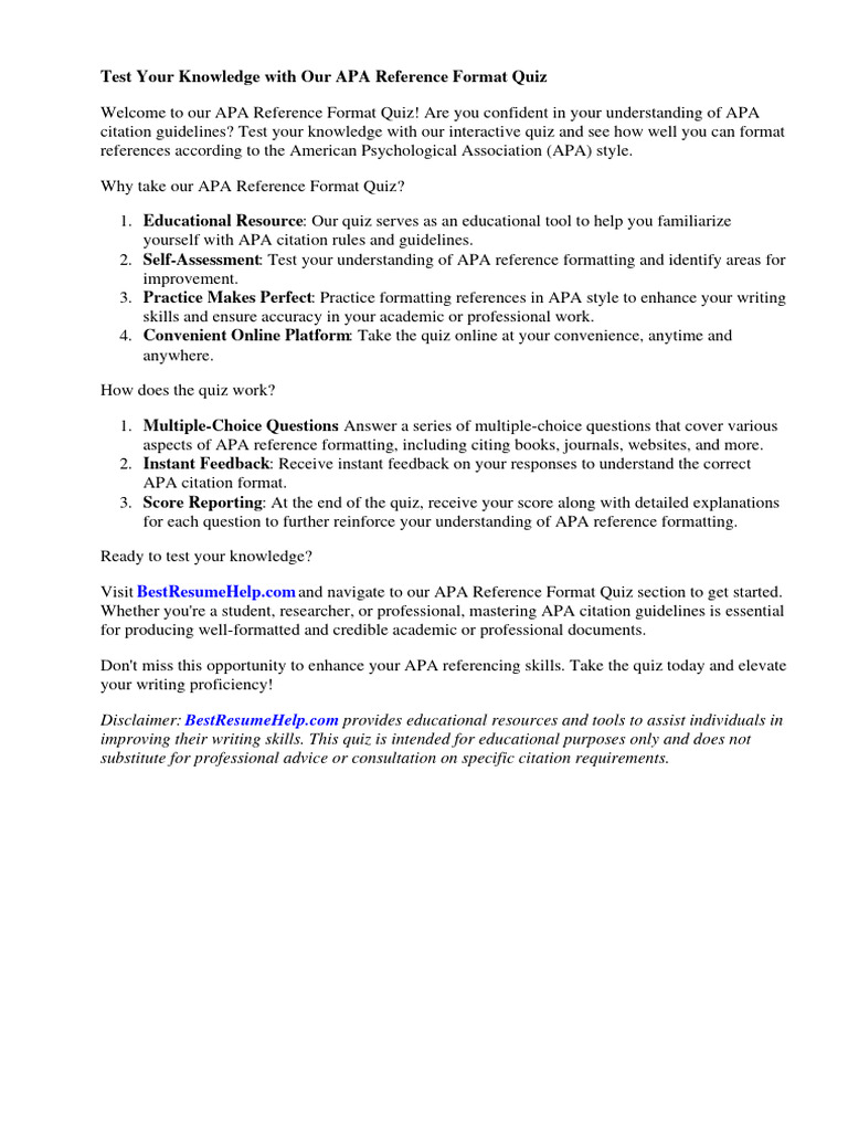Apa Reference Format Quiz PDF Apa Style Citation