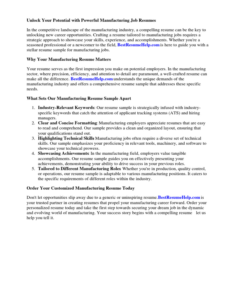 Resume Sample For Manufacturing Jobs | PDF