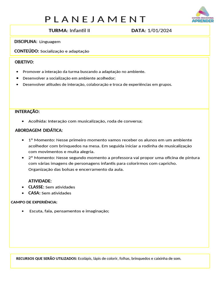 Planejamento Jan-Fev - Infantil II Revisado | PDF