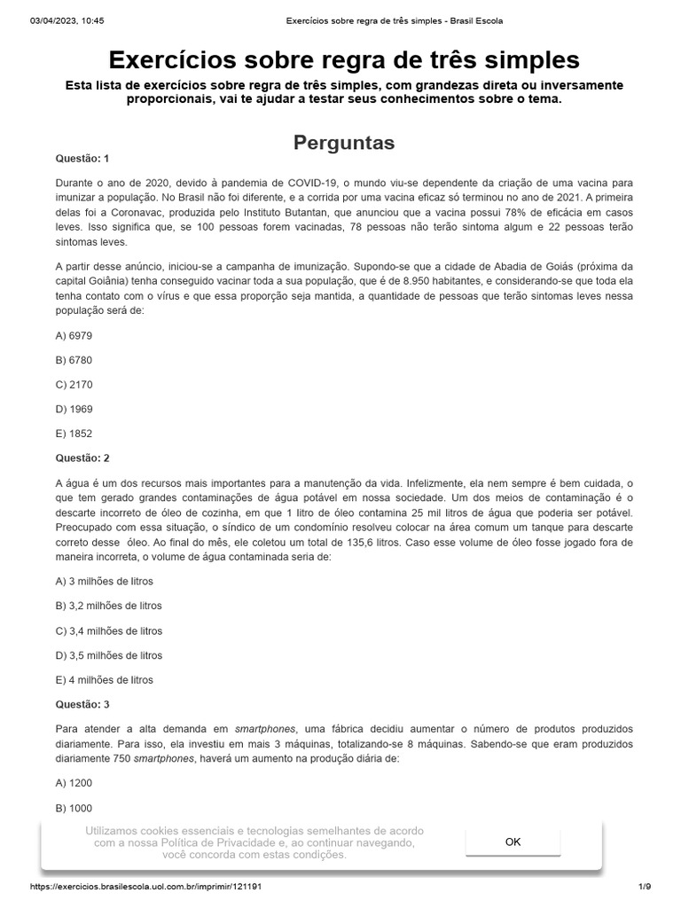Exercícios Sobre Regra de Três Simples - Brasil Escola | PDF