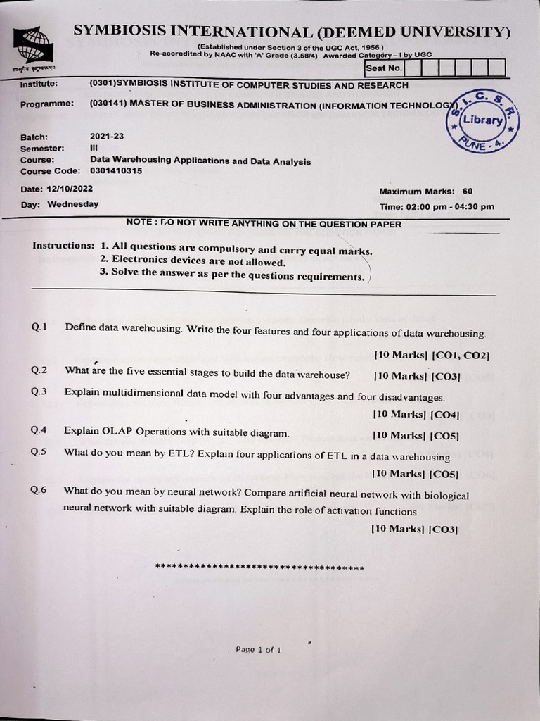Sem II Question Papers - 2022 | PDF | Data | Data Warehouse