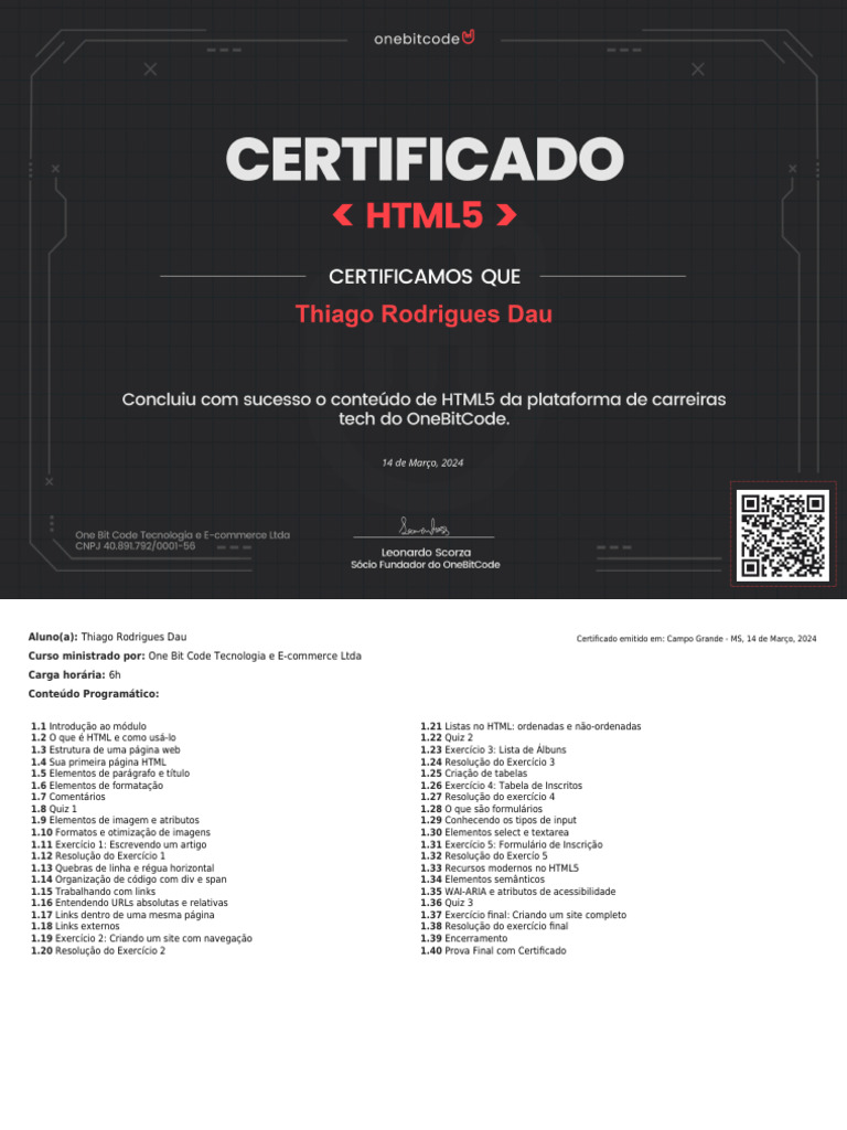 Certificado HTML 5 Onebitcode 6 Horas | PDF | Computadores | Tecnologia e Engenharia