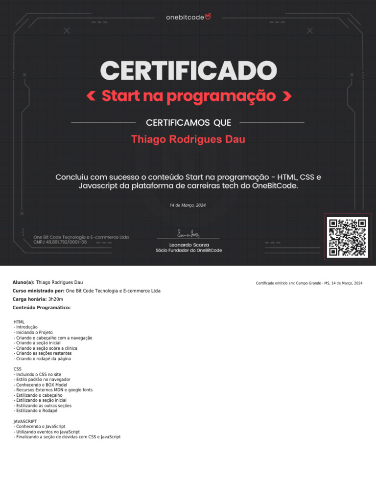 Certificado Startnaprogramacao HTML Css Javascript Onebitcode 3.5 Horas | PDF | Computadores