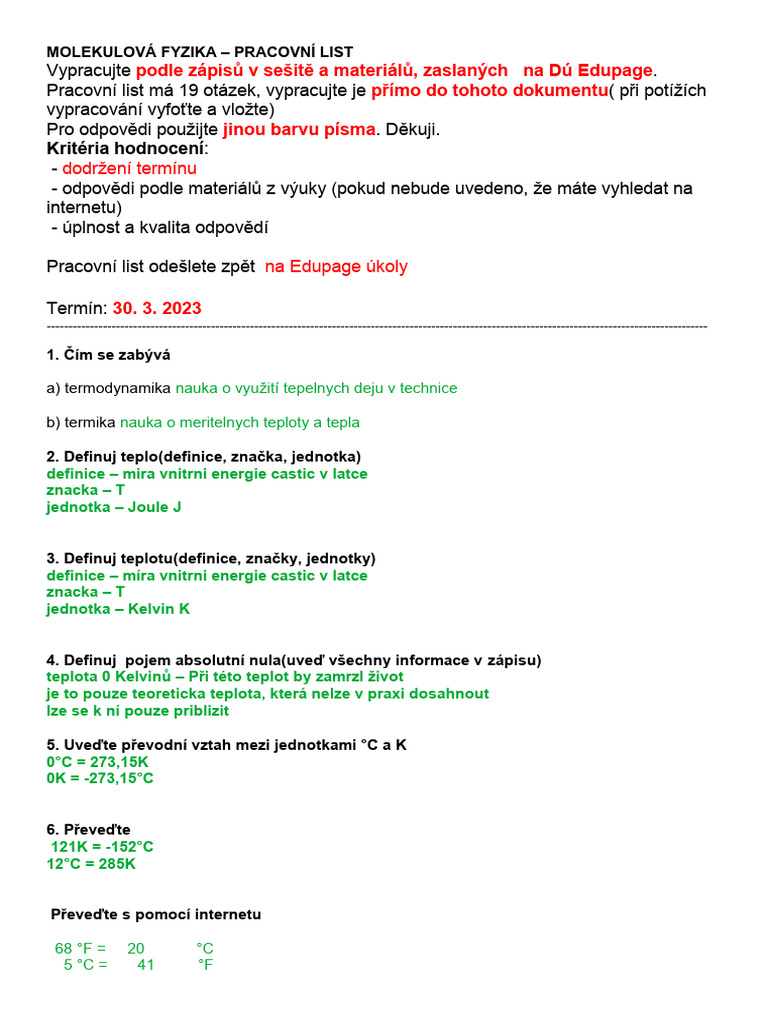 Molekulová Fyzika - Pracovní List | PDF