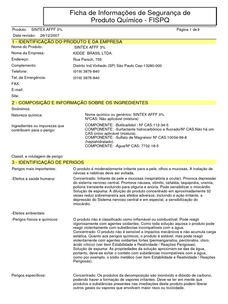 FISPQ - Líquido Gerador de Espuma - SINSTEX AFFF 3% | PDF | Cloro | Química