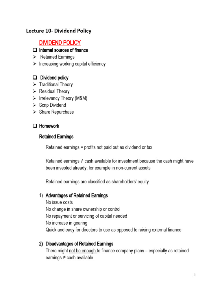 Brief Notes On Lecture 10-Dividend Policy | PDF | Dividend | Stocks