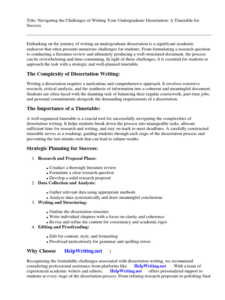 Undergraduate Dissertation Timetable | PDF | Thesis | Methodology
