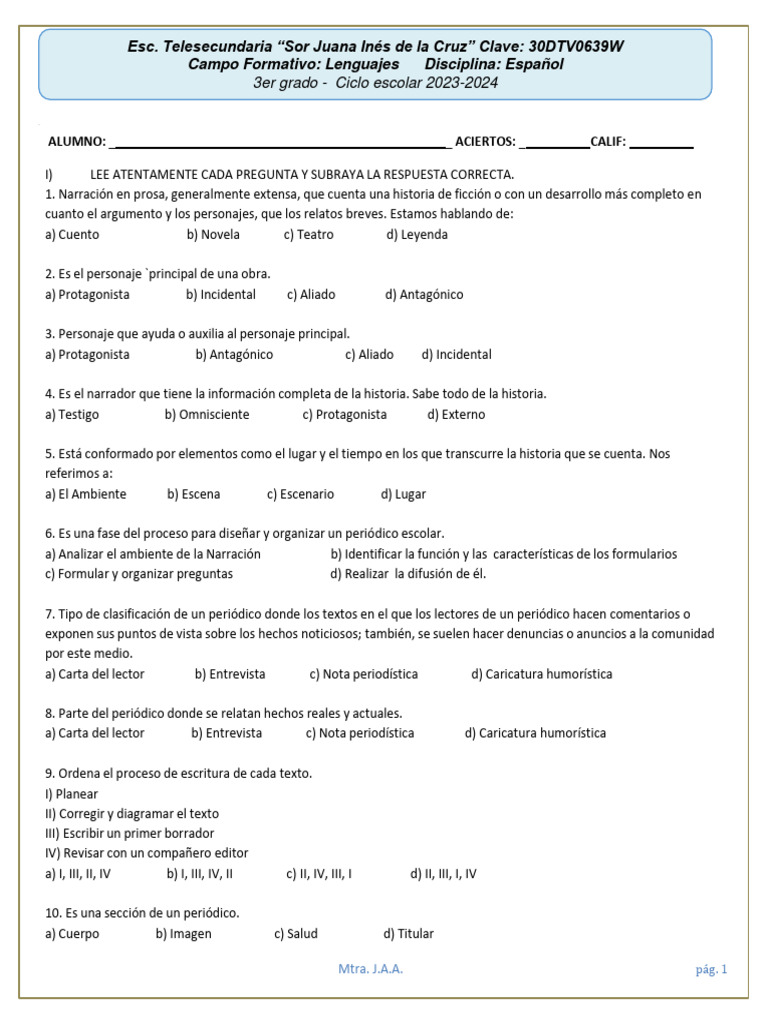 Examen de Español 3er Grado con Respuestas | PDF | Narración