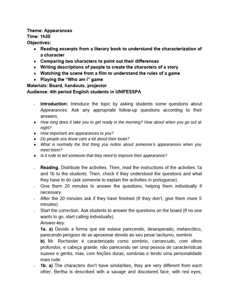 Lesson Plan - Appearances (Nicole, Karen e Christopher) | PDF | Jane Eyre