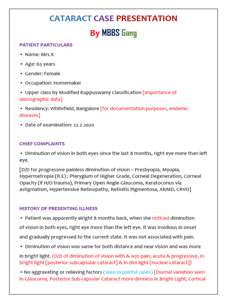 Cataract Case Presentation of Mrs X | PDF | Cataract | Glaucoma