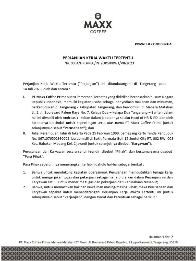 PKWT - Julia 2 | PDF | Pengelolaan Keuangan & Uang | Hukum