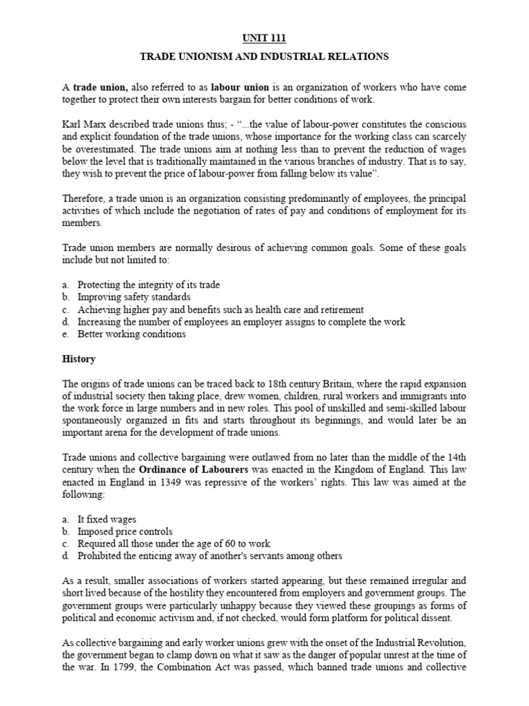 ASA Industrial Welfare UNIT 111 - Trade Unionism | PDF | Trade Union | Employment
