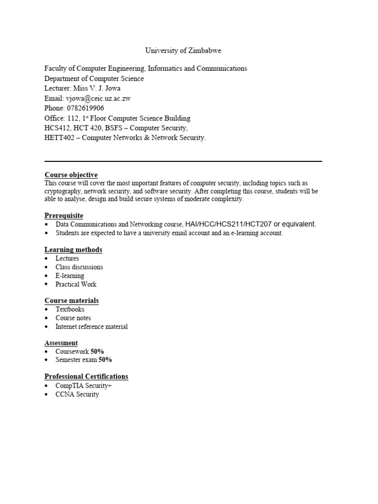 Computer Security Course Outline UZ | PDF | Security | Computer Security