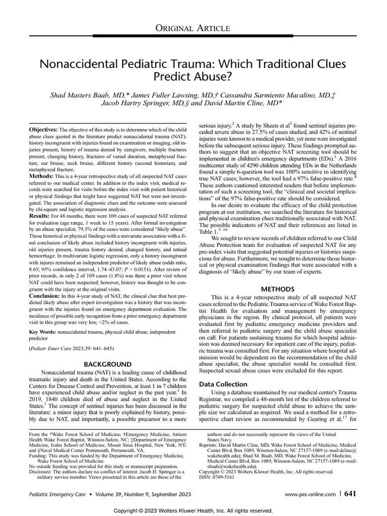 Nonaccidental Pediatric Trauma - Which Traditional Clues Predict Abuse ...