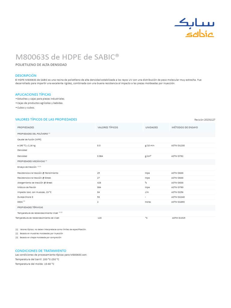 Ficha Tecnica Español PE-VIRGEN M80063S de HDPE de SABIC | PDF | Propiedad intelectual ...