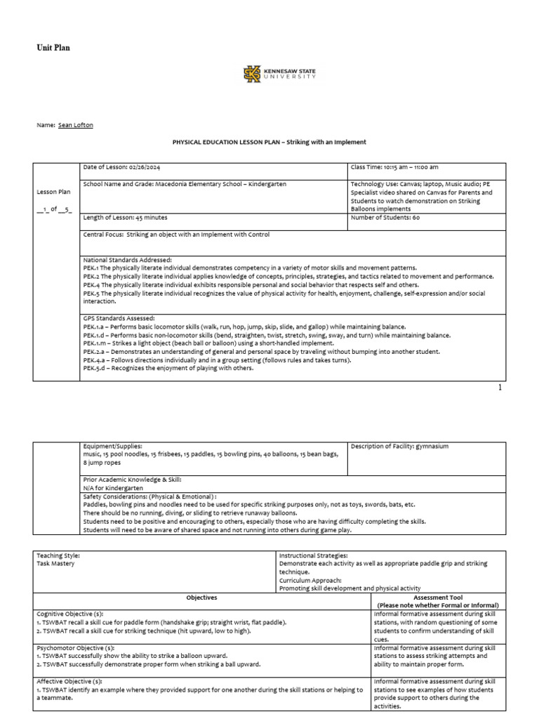 unit plan - striking with an implement kindergarten resubmission | PDF ...