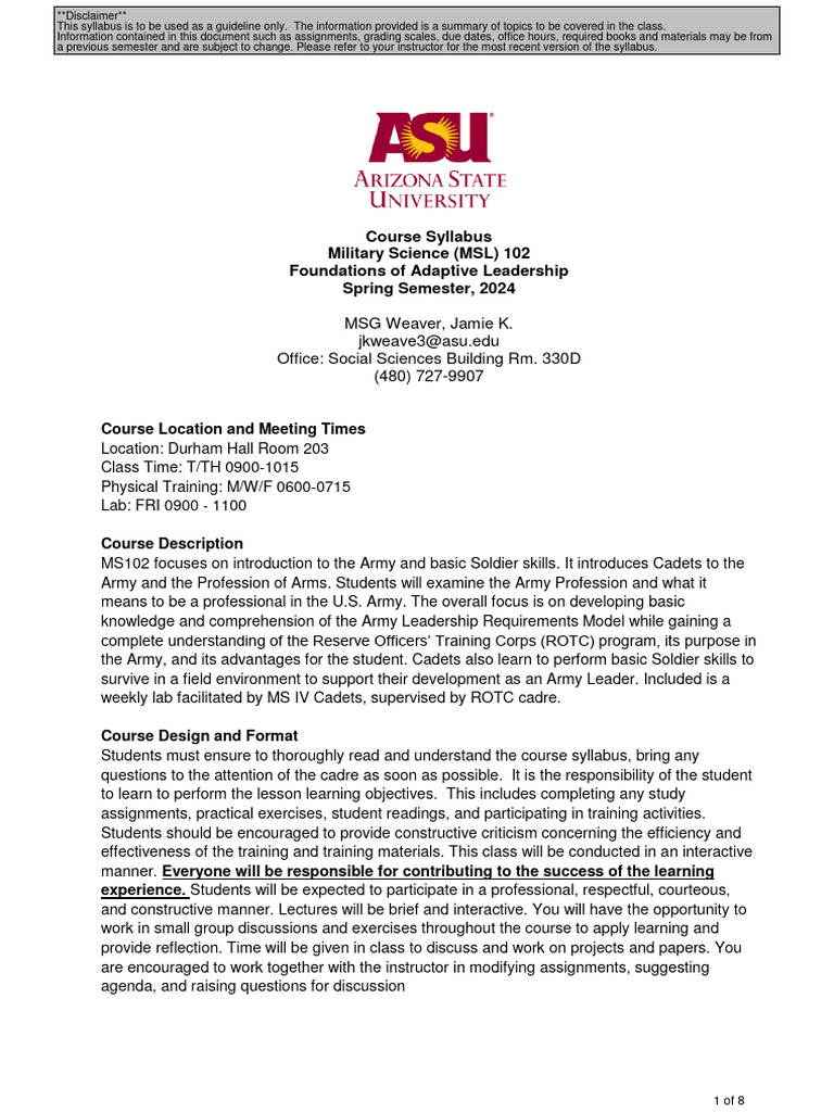 Course Syllabus For Military Science (MSL 102) - Foundation of Adaptive ...