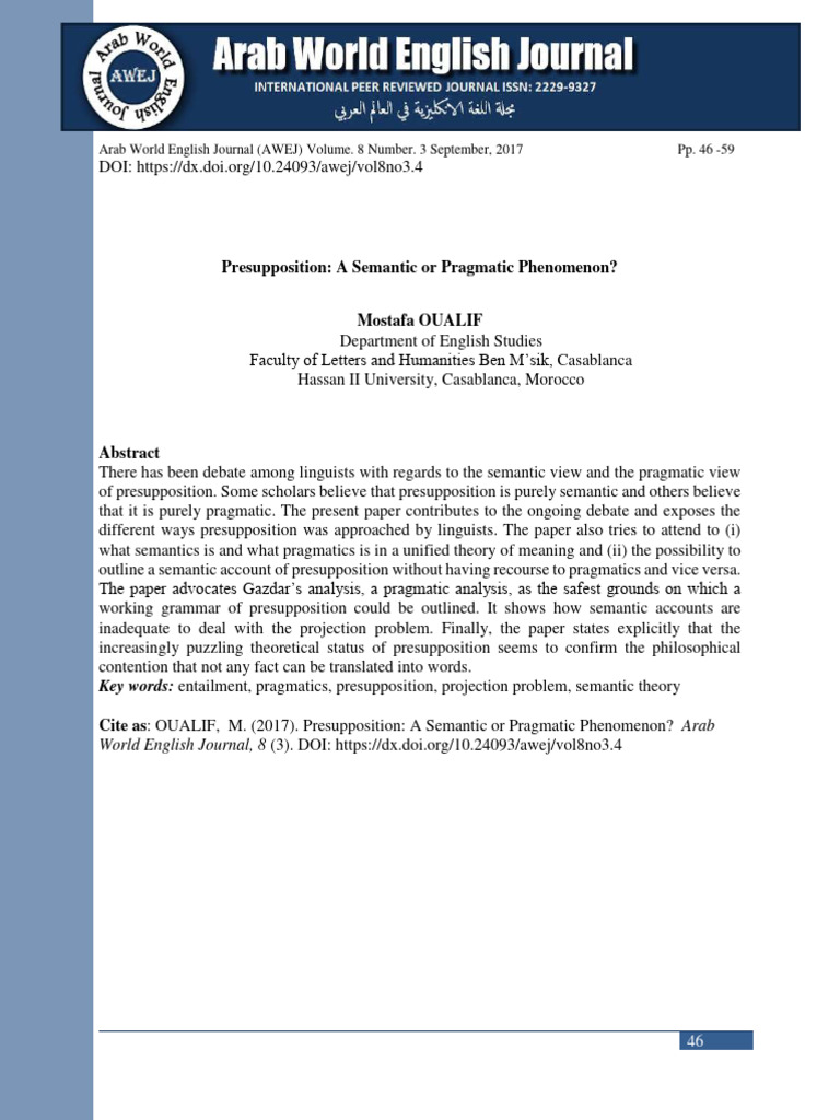 Presupposition, Pragmatic Semantic | PDF | Semantics | Concept