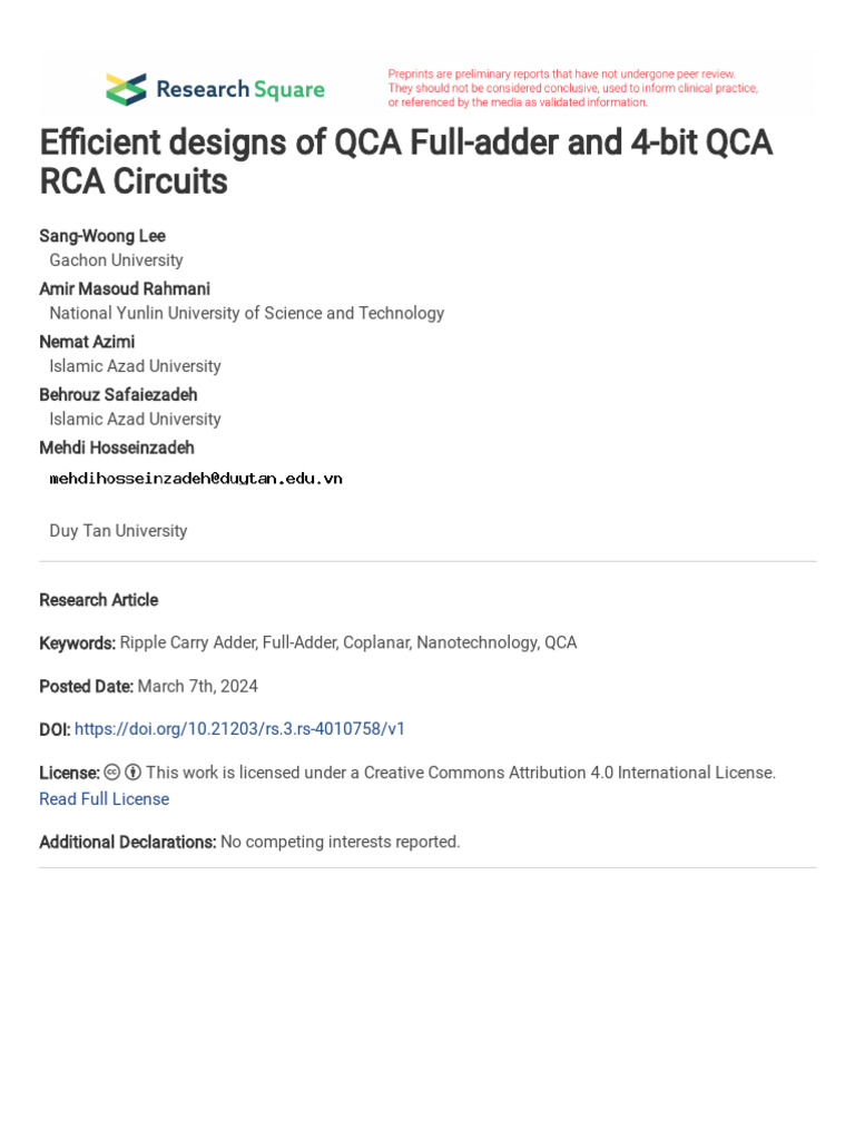 Efficient Designs of QCA Full-Adder and 4-Bit QCA | PDF | Logic Gate | Computer Science