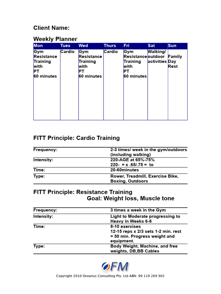 Workout Weekly Planner Chart | PDF