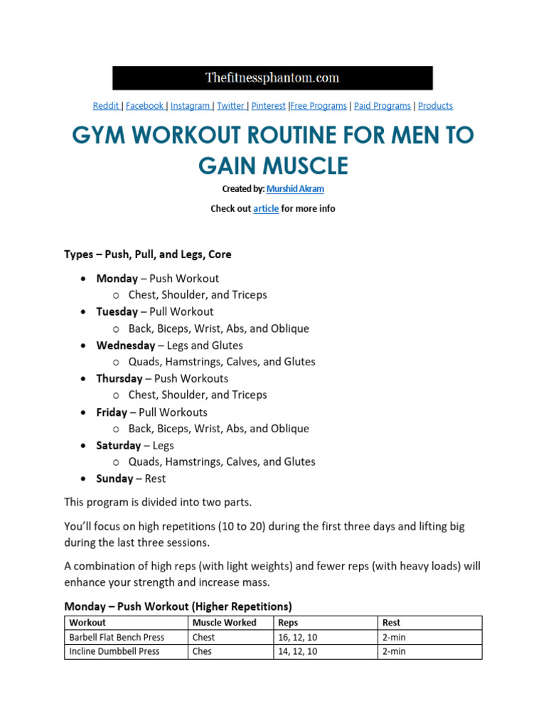 Weekly Muscle Gain Workout Plan for Men | PDF | Strength Training ...