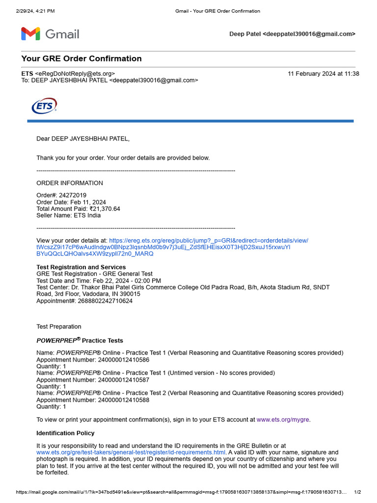 Gmail - Your GRE Order Confirmation | PDF | Graduate Record Examinations | Computing