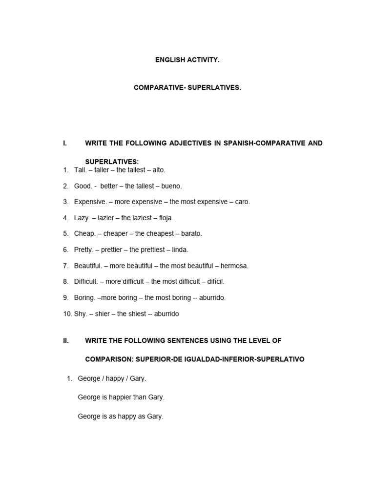 Comparative - Superlatives Test 1 | PDF