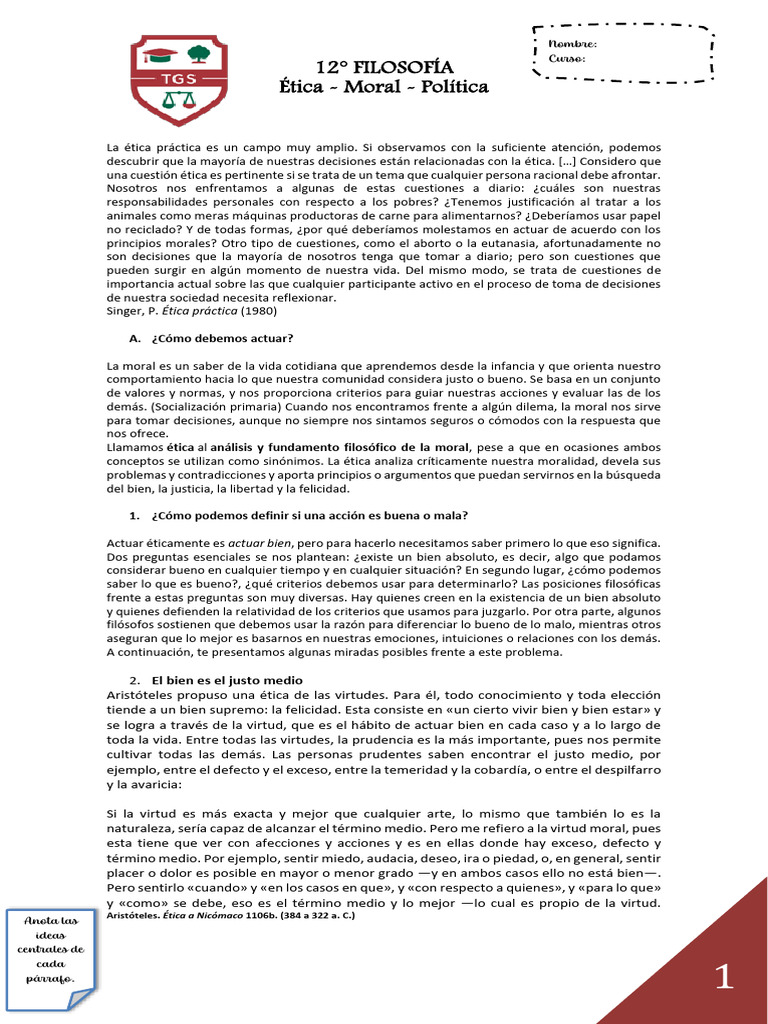 12° Filosofía - Textos - Ética - Moral - Politica | Descargar gratis PDF | Moralidad | Virtud
