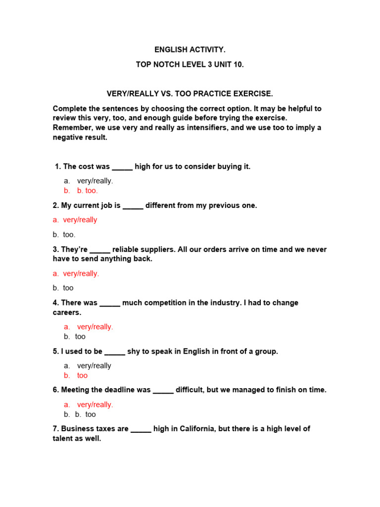 Very vs. Too: Practice Exercise | PDF