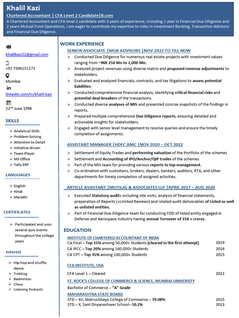 Khalil Kazi_Resume | PDF | Due Diligence | Valuation (Finance)