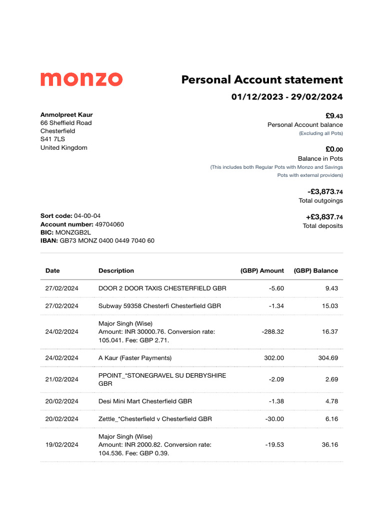 Monzo - Bank - Statement - 2023 12 01 2024 02 29 - 8171 | PDF | Deposit ...