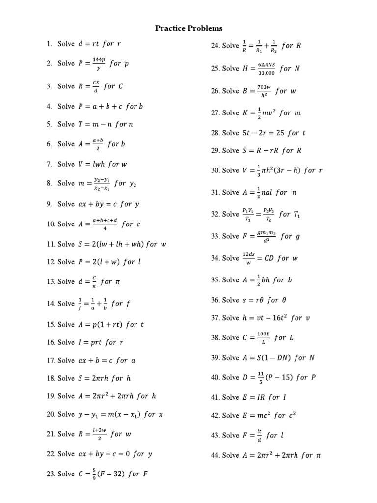 1.2 Solving Literal Equations Practice | PDF
