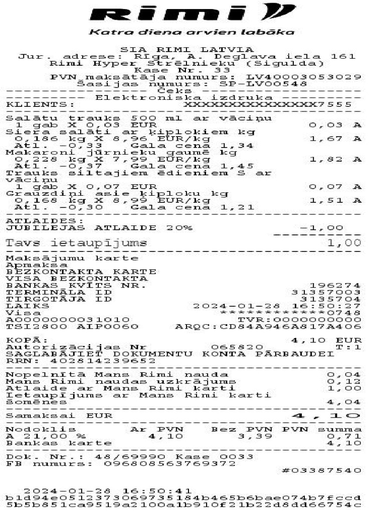 Rimi Receipt 33-3387540 | PDF