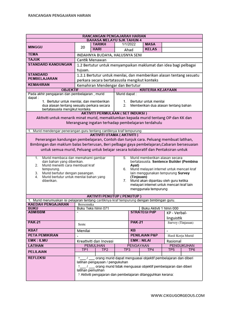 RPH Minggu 20 BM SJK THN 4 by Cikgu Gorgeous | PDF