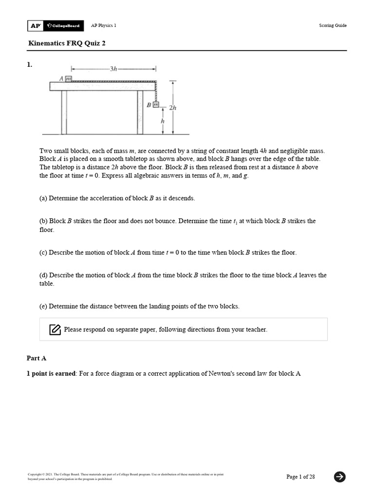 AP Physics 1 01KinematicsFRQ Quiz2 Key | PDF | Force | Acceleration