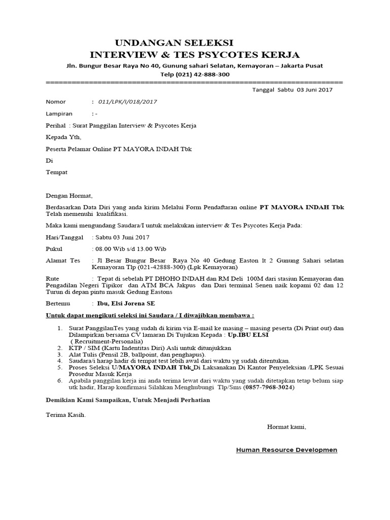 Undangan Seleksi Interview & Tes Psycotes PT Mayora Indah TBK | PDF