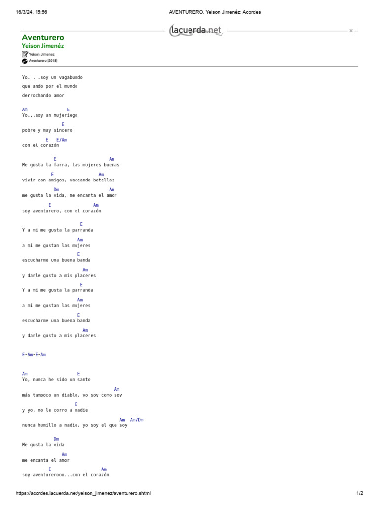 Acordes de "Aventurero" de Yeison Jiménez | PDF