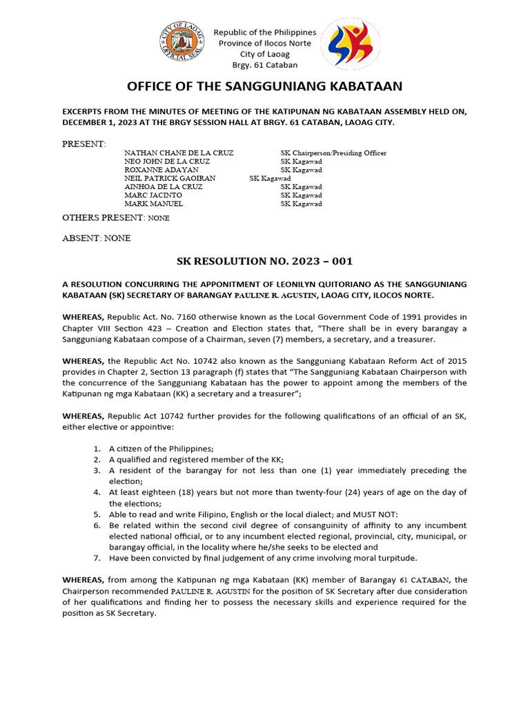 SK Resolution No. 2023 - 001 & 002 (Appoinment of Secretary and ...