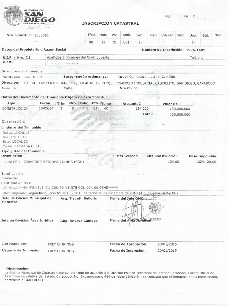 Cedula Catastral San Diego | PDF