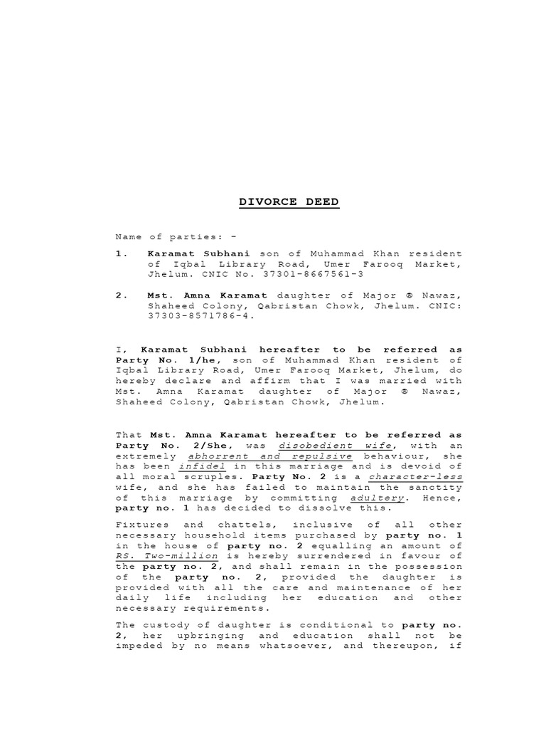 DIVORCE DEED | PDF | Marriage | Marriage, Unions And Partnerships
