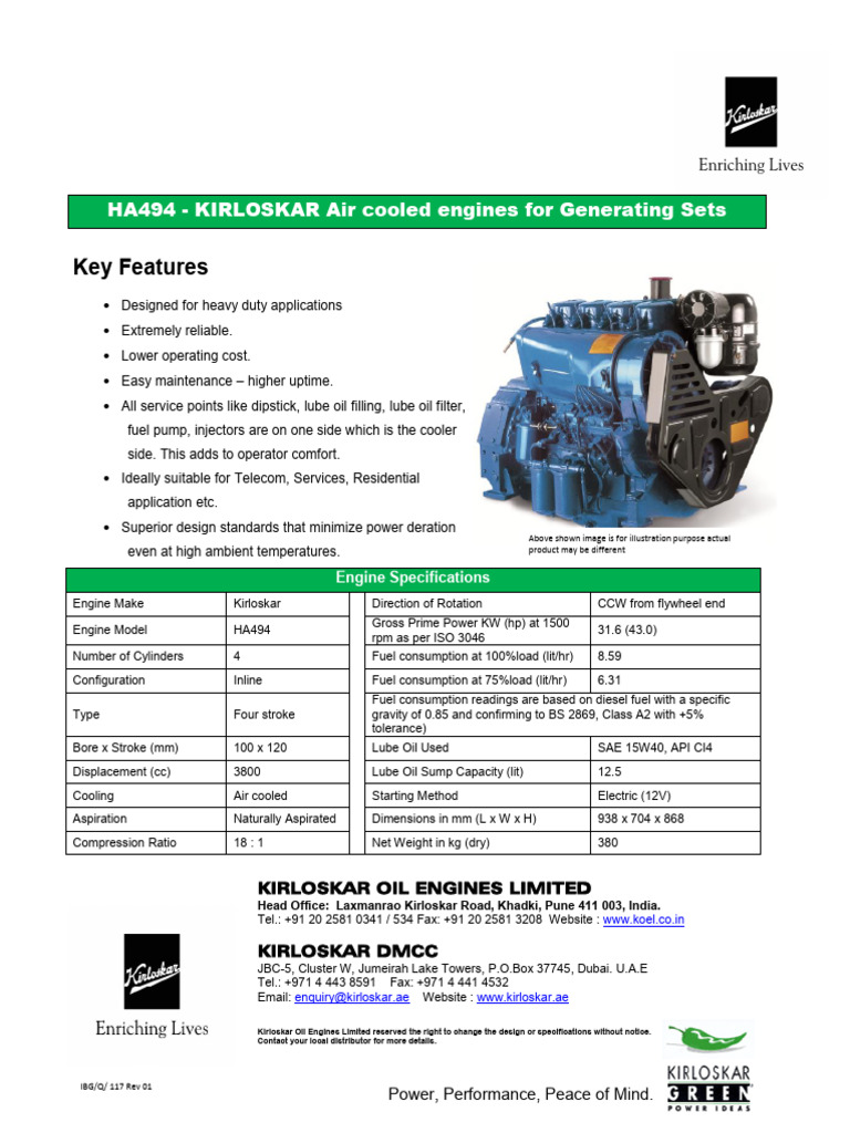 Kirloskar HA494 Engine Specifications | PDF | Diesel Engine | Engines