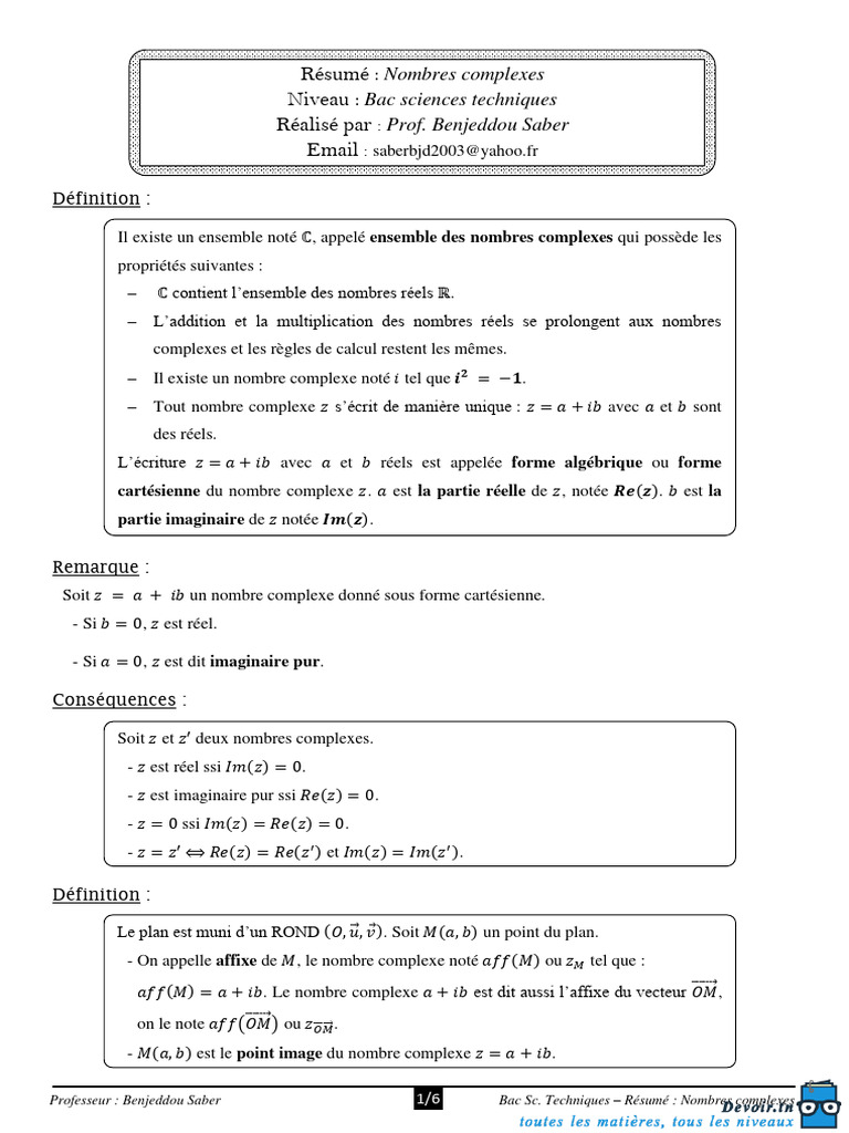 Résumé des Nombres Complexes Bac Tech. | PDF | Nombre complexe ...