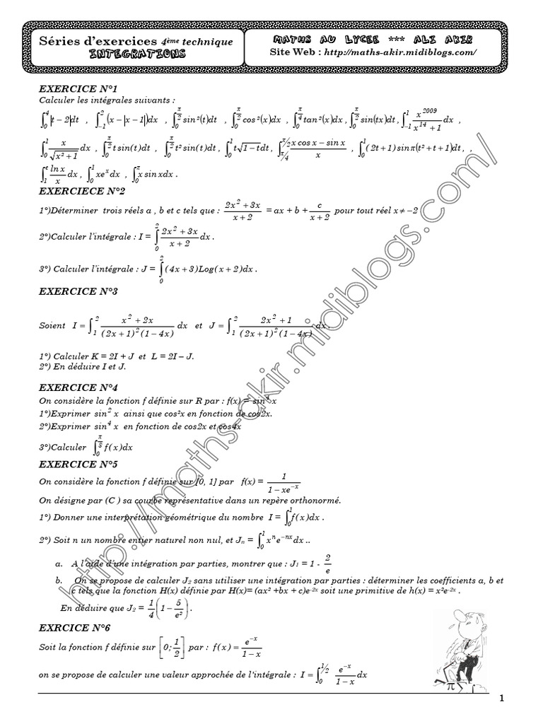 Exercices d'intégrales pour le bac | PDF | Intégral | Calcul