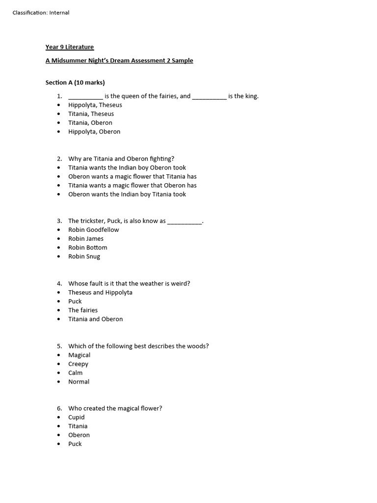 Year 9 Literature AMSND Sample | PDF | A Midsummer Night's Dream | Fairies