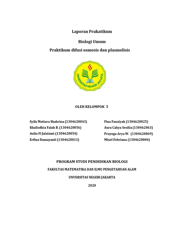 Laporan Praktikum Bioum - Kelompok 5 - Difusi, Osmosis, Plasmolisis | PDF | Sains & Matematika