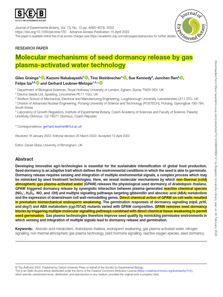 Molecular Mechanisms of Seed Dormancy Release by Gas Plasma-Activated Water Technology ...